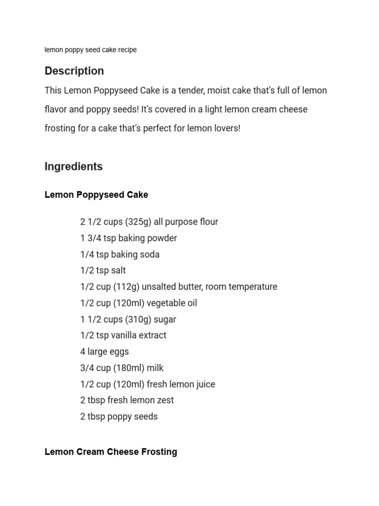 Lemon Poppy Seed Cake Recipe Download Free Pdf Cakes Baking