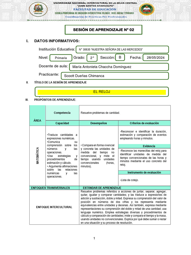 SESIÓN DE APRENDIZAJE N° 02 - M | Descargar gratis PDF | Hora | Reloj
