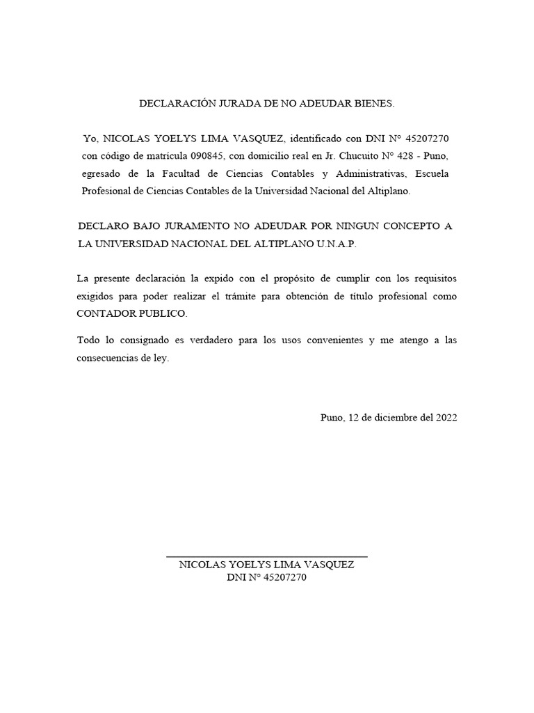 DECLARACIÓN JURADA DE NO ADEUDAR | PDF