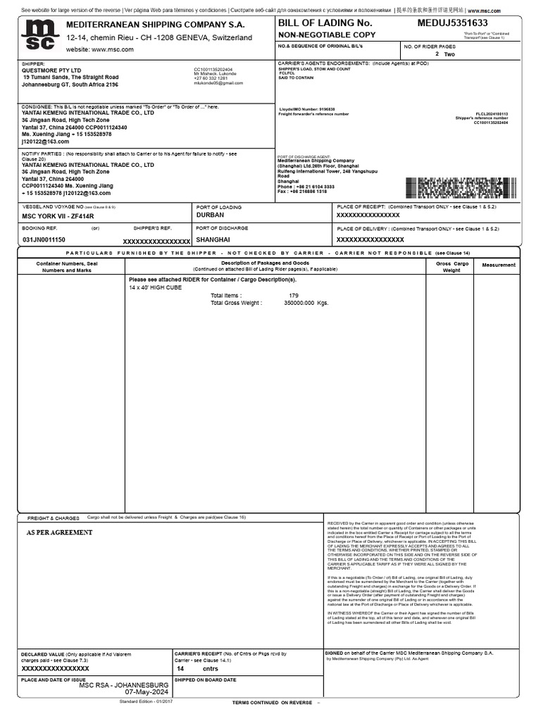 Bill of Lading for Copper Cathodes | PDF | Cargo | Bill Of Lading