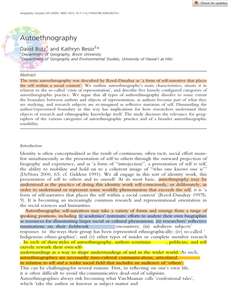 Geography Compass - 2009 - Butz - Autoethnography | PDF | Ethnography ...