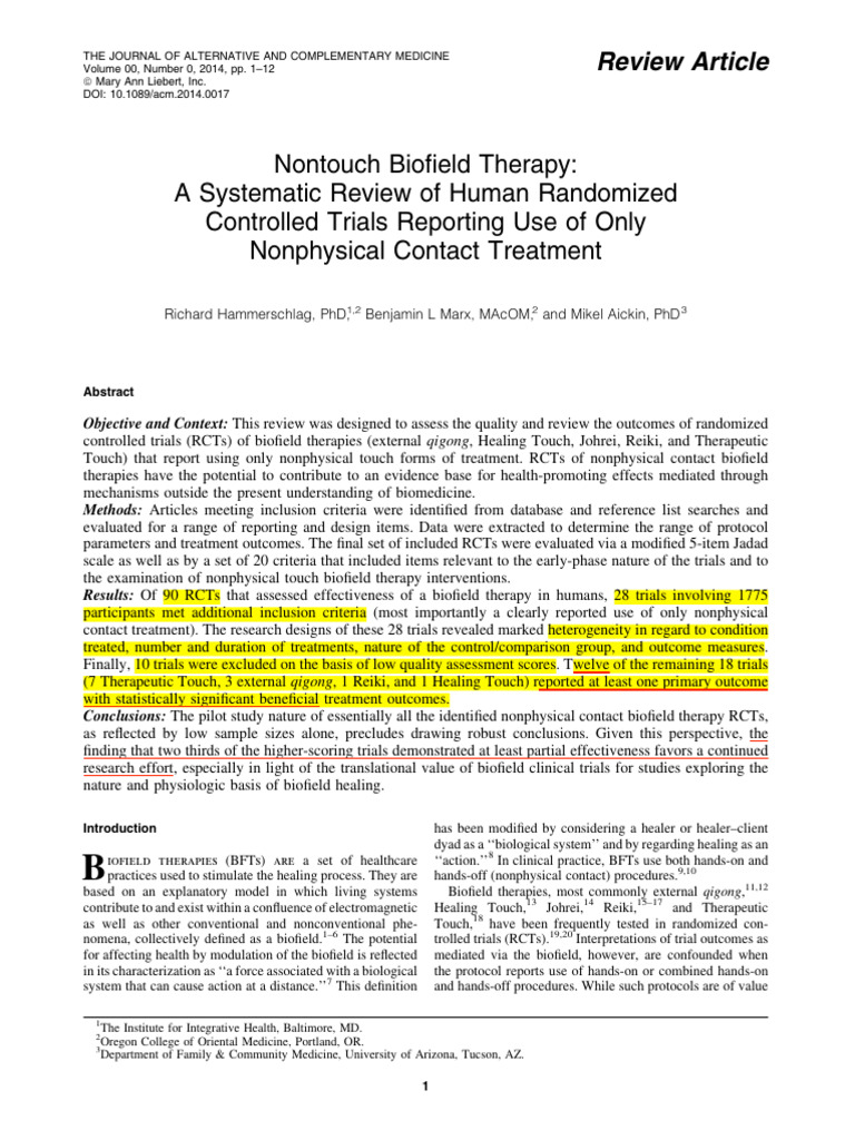 Nontouch Bio Eld Therapy - A Systematic Review of Human Randomized ...