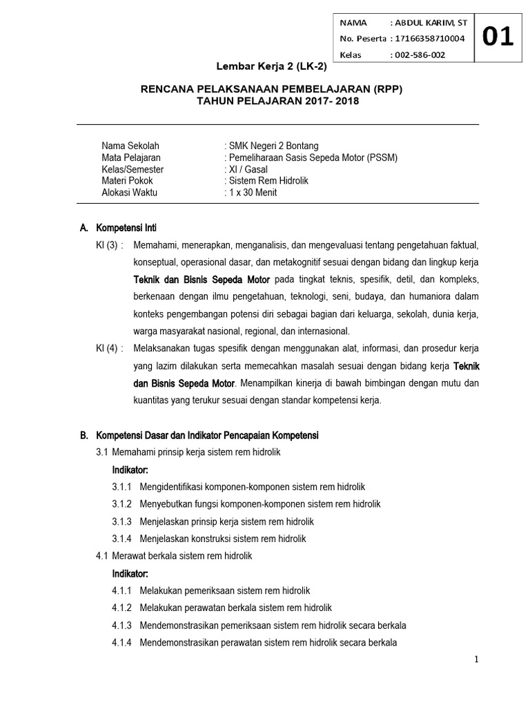 Lembar Kerja 2 - RPP - PBL - Sistem Rem Hidrolik | PDF | Komputer | Teknologi & Rekayasa