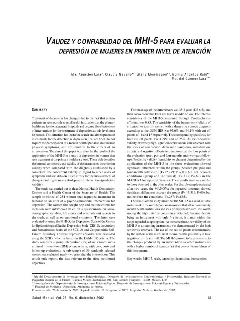 MHI-5 Validity for Women's Depression Screening | PDF | Validity (Statistics) | Major Depressive ...