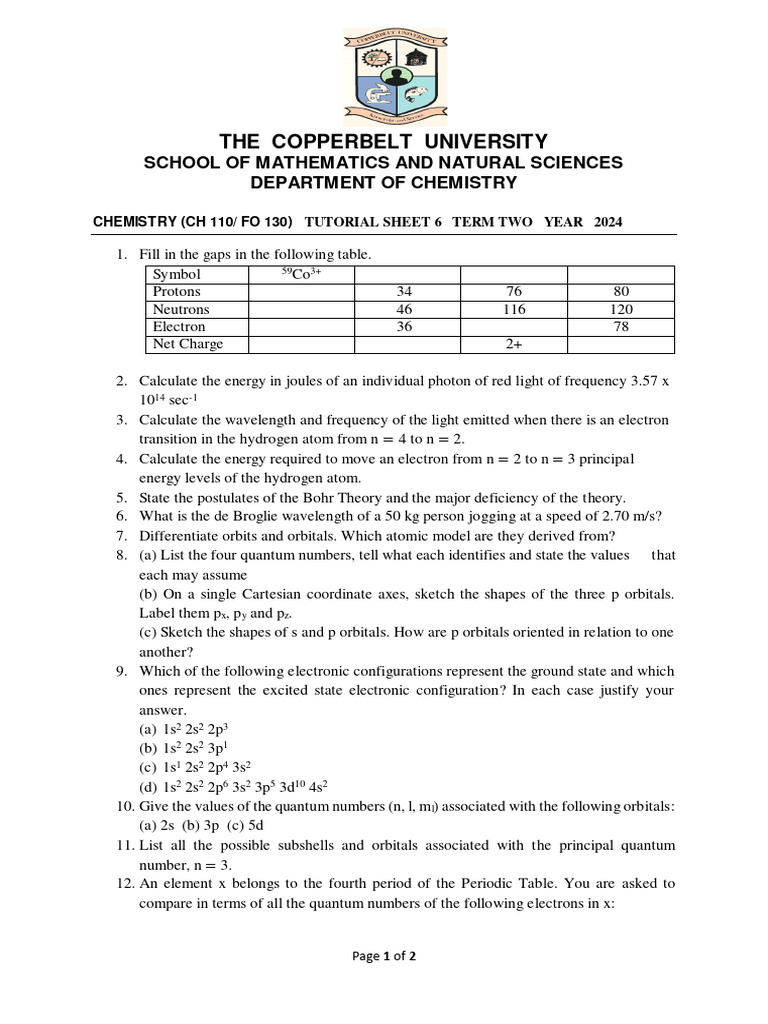 NANJA CH 110. Tutorial sheet 6 (Atomic Structure). FM 2024. | PDF ...