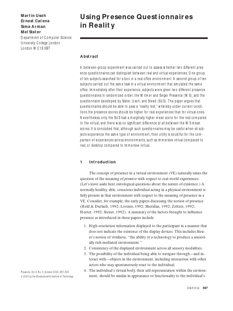 (2000) Using Presence Questionaire | PDF | Reality | Virtual Reality