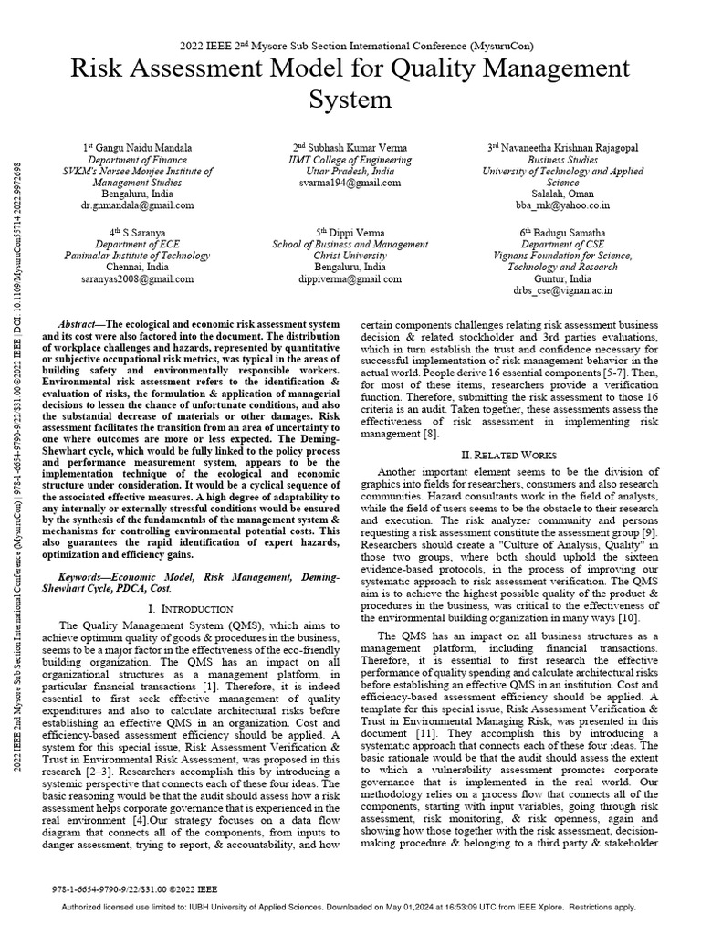 Risk Assessment Model For Quality Management System | PDF | Risk | Risk ...