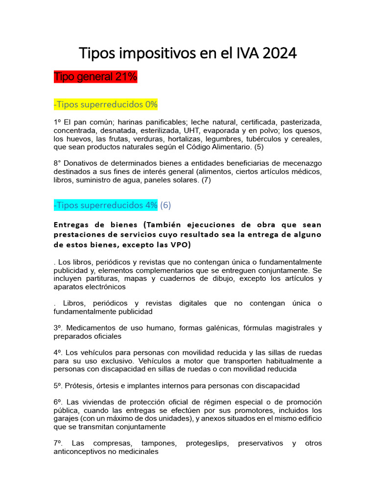 Tipos de IVA en España 2024 | PDF