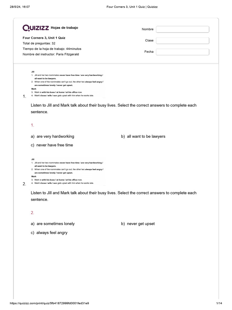 Four Corners 3 Unit 1 Quiz Guide | PDF | Syntax | Linguistic Morphology
