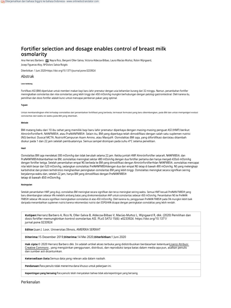 Jurnal Fortifier Selection and Dosage Enables Control of Breast Milk Osmolarity | PDF