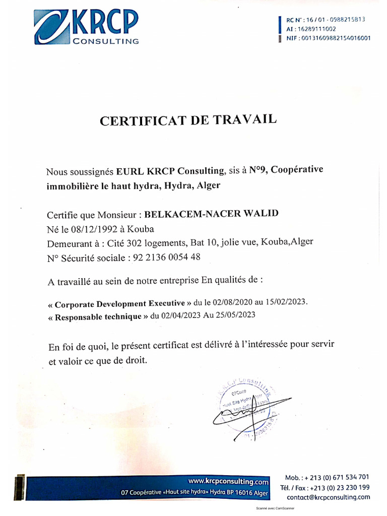 Certificat de Travail KRCP Consulting | PDF