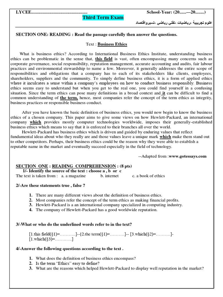 Business Ethics Exam for Lycee Students | PDF | Business Ethics ...