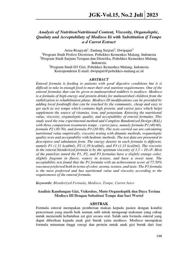 Jurnal Analisis Gizi, Viskositas, Orlep Dan Daya Terima Modisco Tempe | PDF