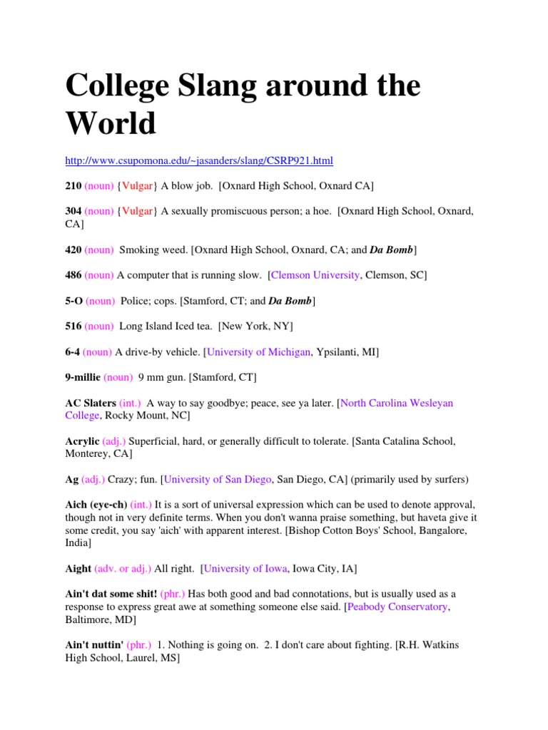 College Slang Around The World | PDF | Adjective