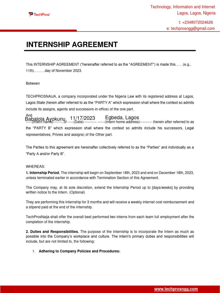 Final Internship Agreement Document | PDF | Internship | Job Hunting