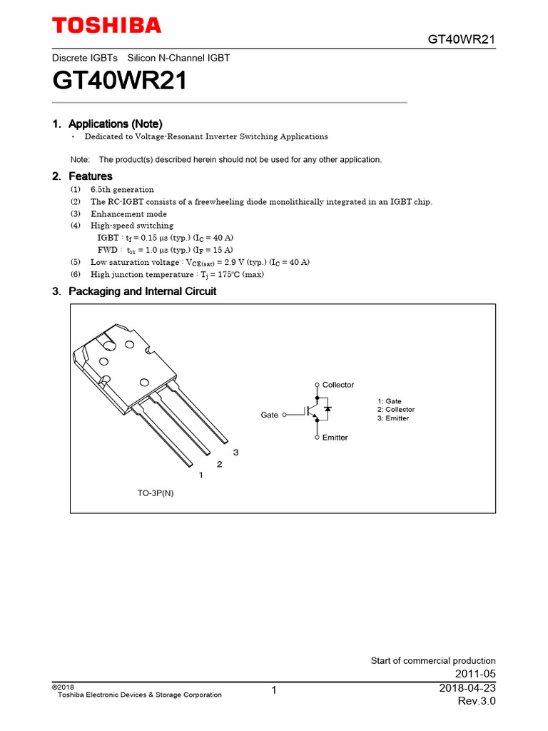 GT40WR21 IGBT Datasheet Overview | PDF | Reliability Engineering | Bipolar Junction Transistor