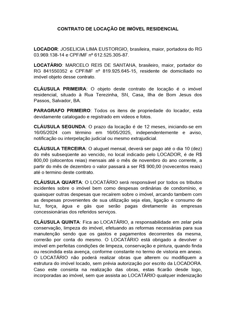 Modelo de Contrato de Locacao de Imovel Residencial | PDF | Aluguel
