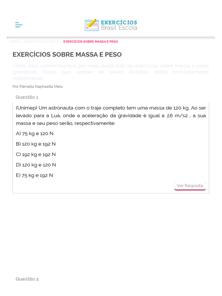 Exercícios Sobre Massa e Peso - Brasil Escola | PDF | Força | Massa