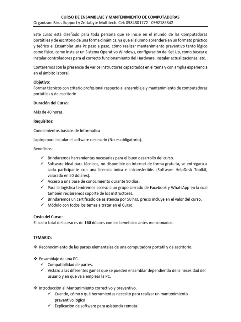 Temario Curso de Mantenimiento y Ensamblaje de Computadoras | PDF ... Temario Curso de Mantenimiento y Ensamblaje de Computadoras | PDF ...