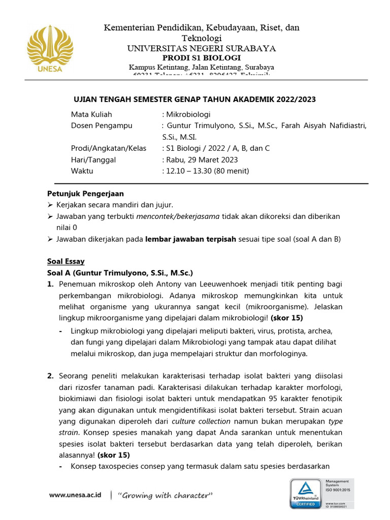 MIKROBIOLOGI-Template - Soal UTS Semester Genap 2022-2023 | PDF