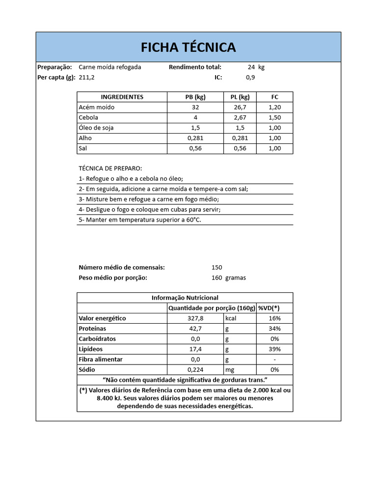 Ficha Técnica Carne Moída Refogada | PDF