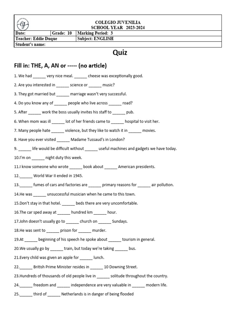 English Quiz: Articles Usage for Grade 10 | PDF