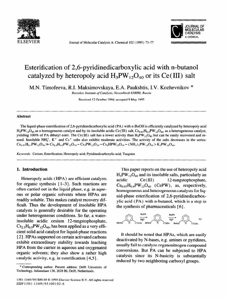 Esterification of 2,6-Pyridinedicarboxylic Acid With N-Butanol | PDF ...