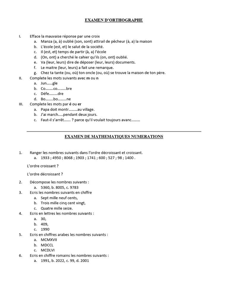 Examen complet de français et mathématiques | PDF | Oiseaux | Zoologie