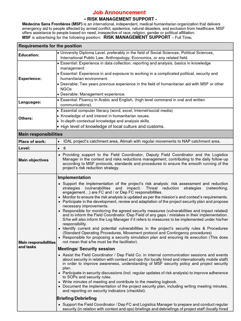 Risk Management Support Announcement | Download Free PDF | Médecins ...