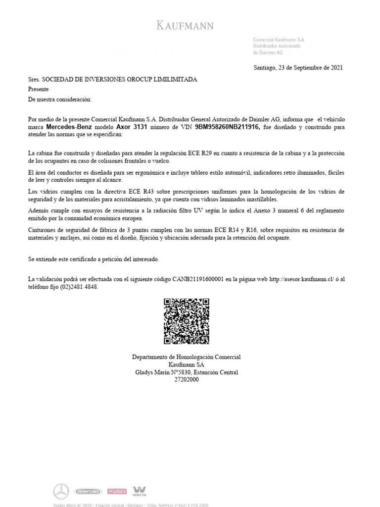 Certificado Cabina ECE R29 | PDF