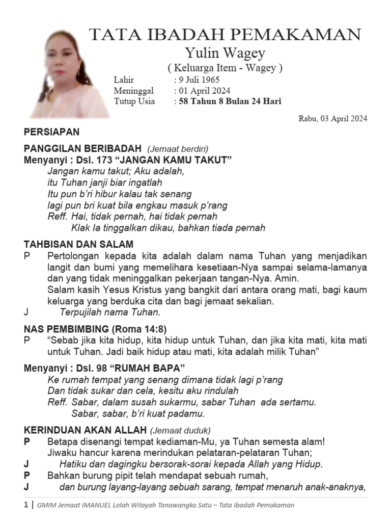 Tata Ibadah Pemakaman Yulin Wagey | PDF