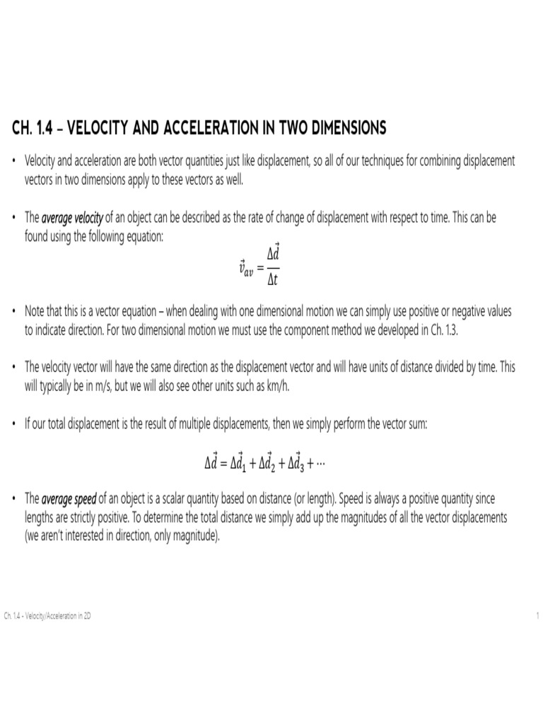 SPH4U - 2021W - Ch. 1.4 - Velocity and Acceleration in 2D | PDF | Velocity | Euclidean Vector