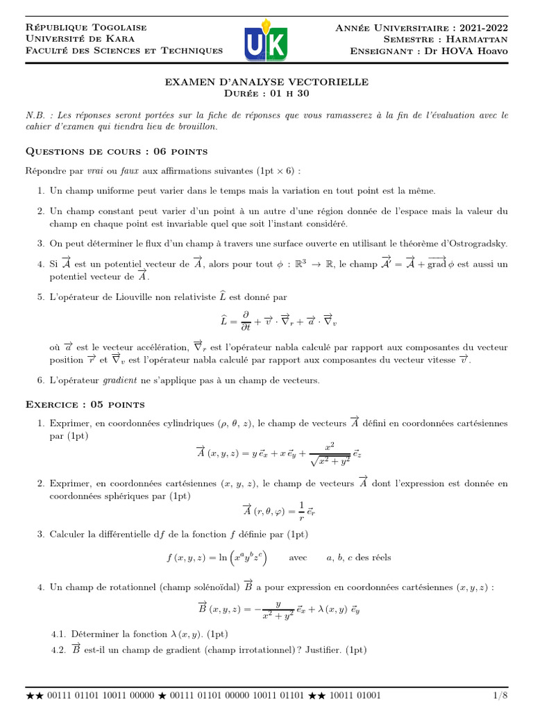 Corrigé de L'examen Analyse Vectorielle 2021-2022 (1) - Copie | PDF | Analyse vectorielle | Pente