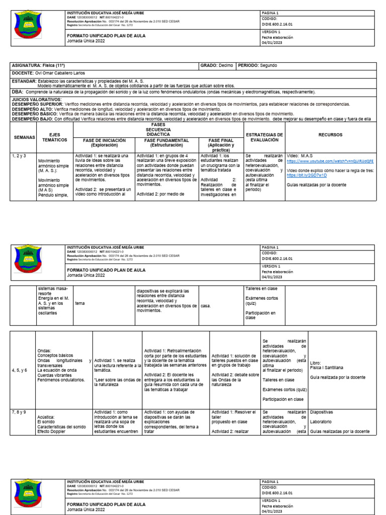 Plan 2p Aula - Fis 11 | PDF | Olas | Velocidad