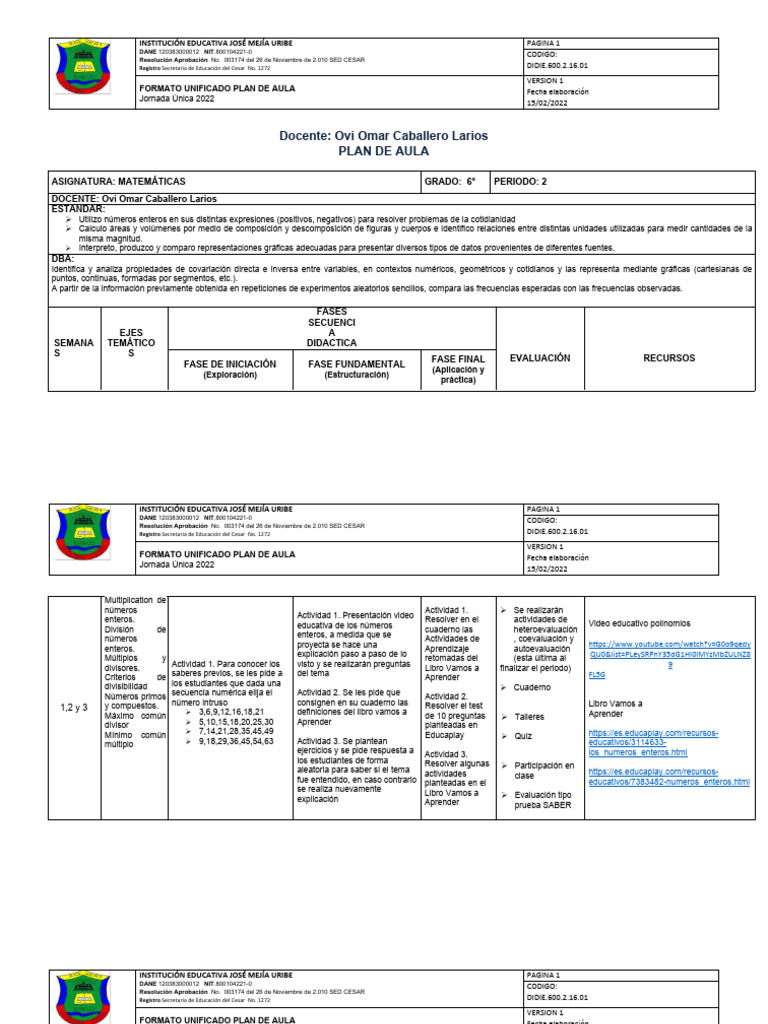 Plan-De-Aula-Matematicas 2do | PDF | Evaluación | Geometría