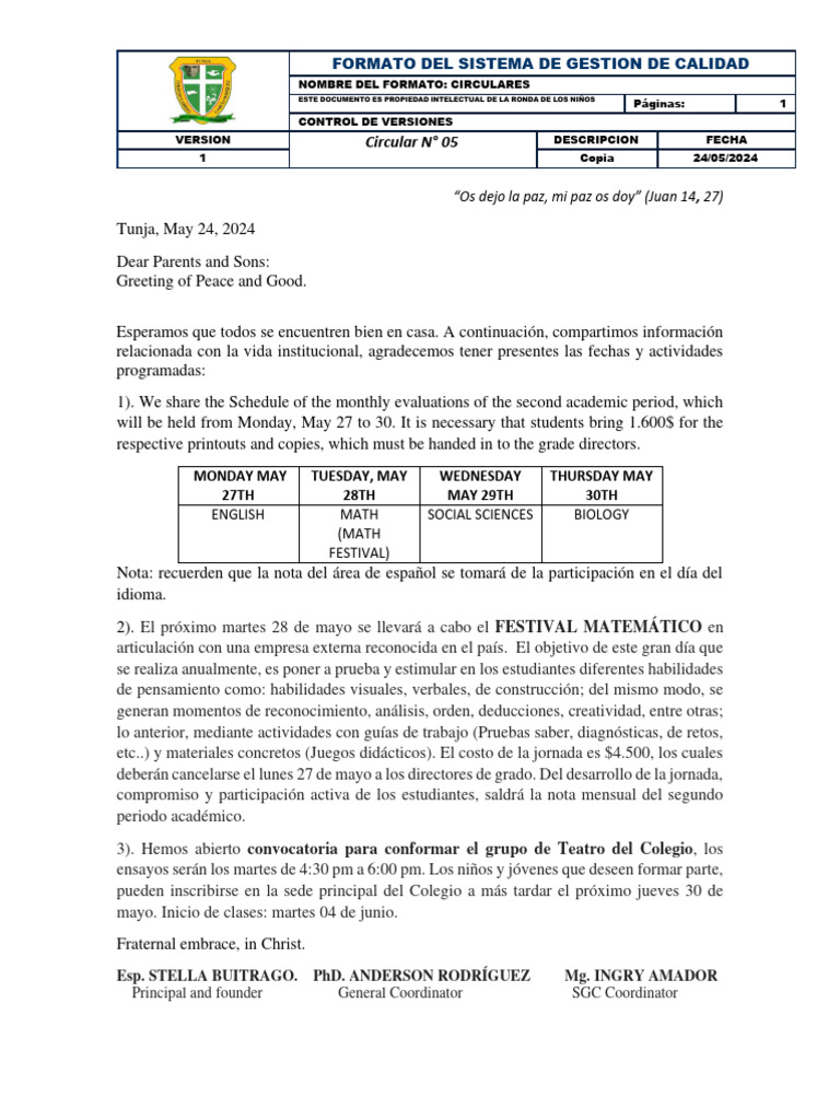 Circular 05. Evaluaciones Mensuales, Festival Math, Grupo de Teatro y Otros Sección Bachillerato ...