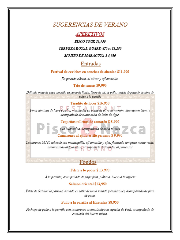 Menú Verano Pisco y Nazca | PDF | Postres | Cocina de las Americas