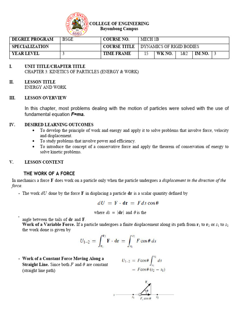 Module 3 Kinetics of Particle Energy Work For Teaching | PDF | Force | Potential Energy