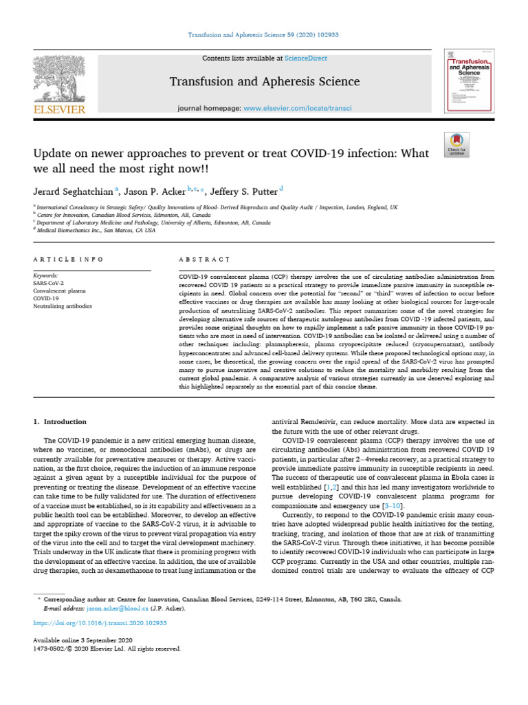 Update On Newer Approaches To Prevent or Treat COV | PDF | Blood Plasma | Antibody