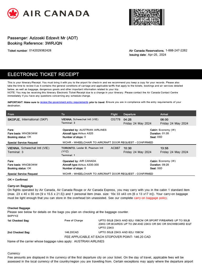 3WRJQN, Edzevit Azizoski 24 May Vienna Toronto+Service 4523 | PDF | Airlines | Baggage