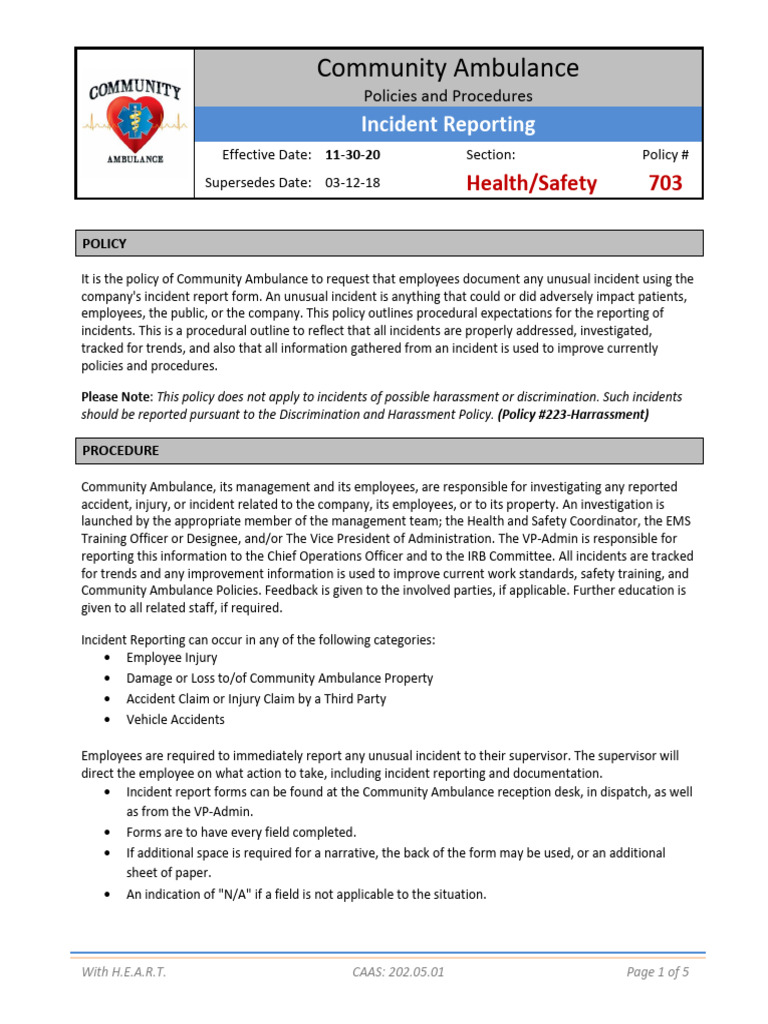 Community Ambulance Incident Reporting Policy | PDF | Institutional ...