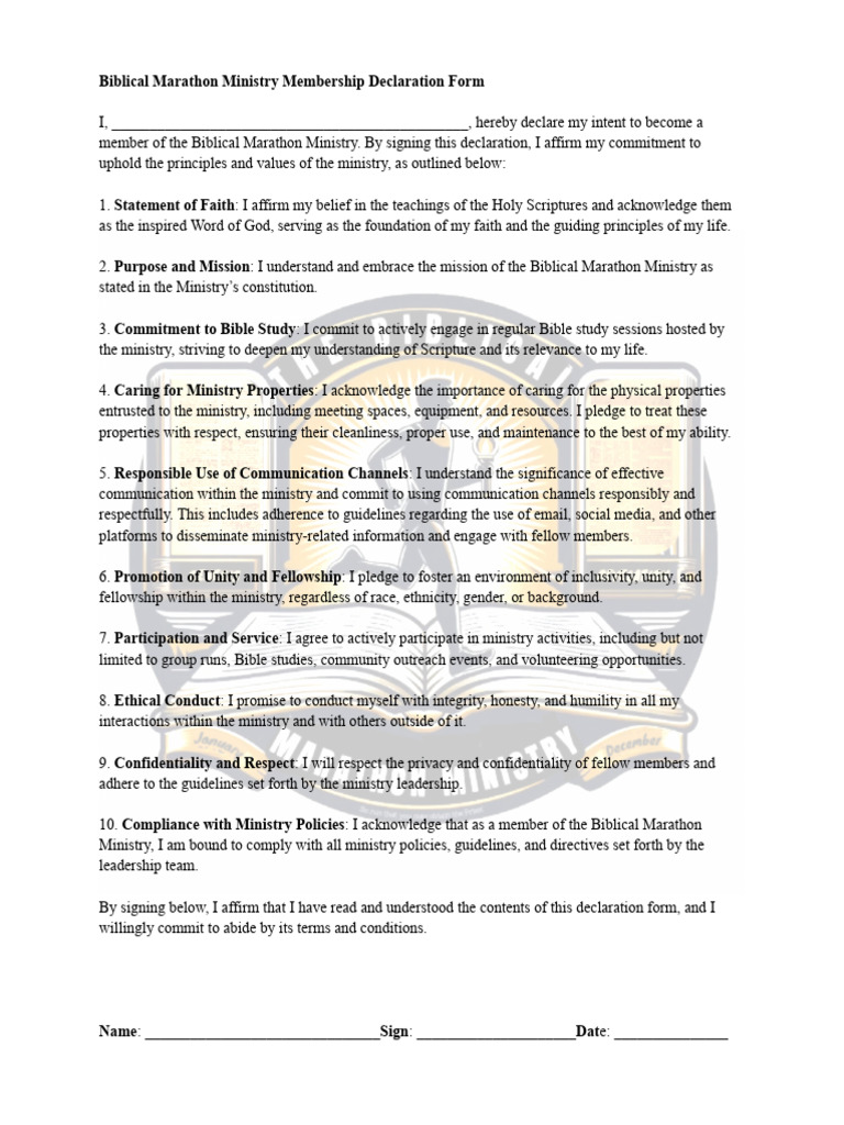 Biblical Marathon Ministry Membership Declaration Form | Download Free ...