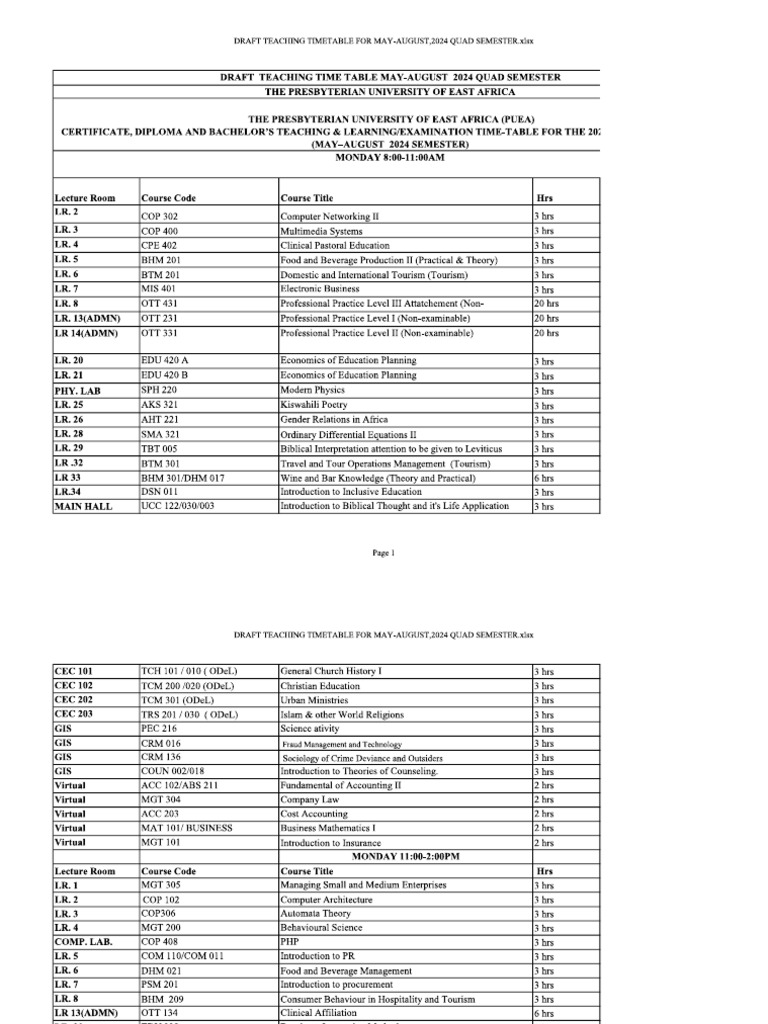 Draft Teaching Timetable For May-August, 2024 Quad Semester | PDF