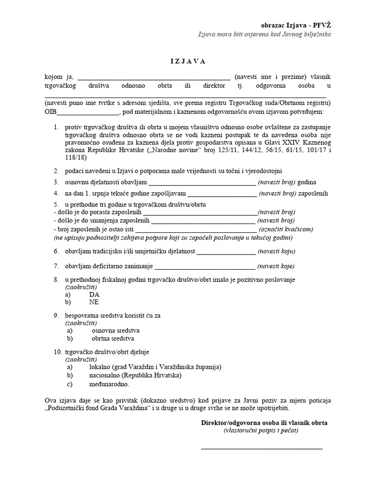 Obrazac Izjava - PFVZ 5d80791ba7984 | PDF
