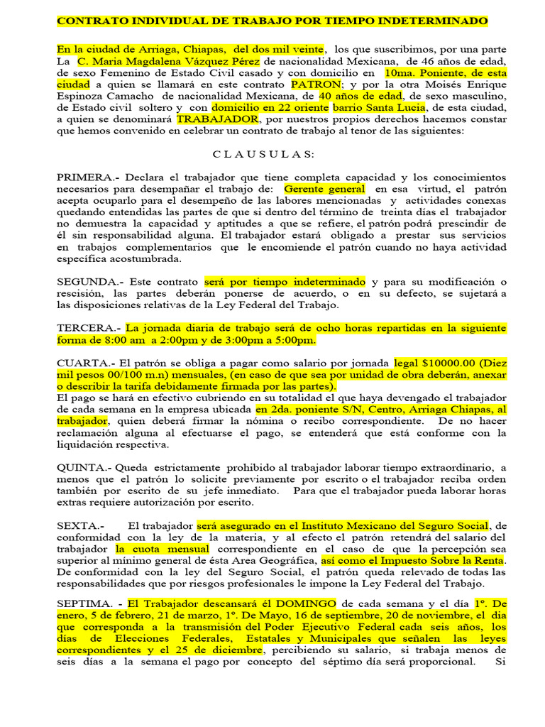5contrato Individual de Trabajo Por Tiempo Indeterminado Ejemplo | PDF ...