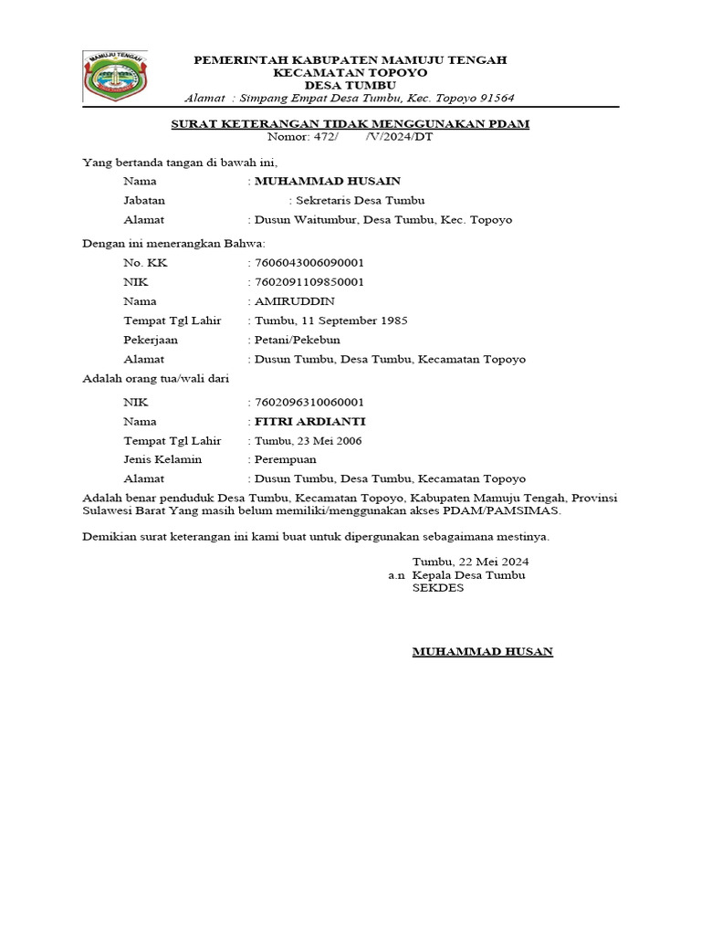 Surat Keterangan Penduduk Desa Tumbu | PDF