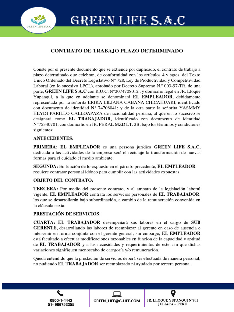 Contrato Laboral Green Life S.A.C | PDF | Derecho laboral | Salario