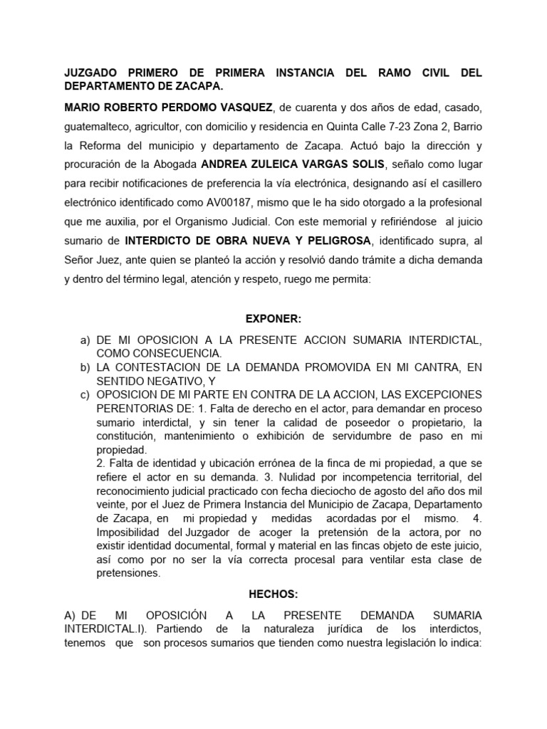 Contestacion Demanda Obra Nueva y Peligrosa - Cintia, Andrea y Mishell ...