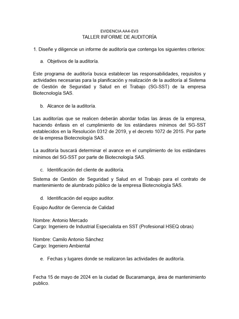 Actividad 4 - Evidencias - AA4-Ev3 Taller Informe de Auditoría ... Actividad 4 - Evidencias - AA4-Ev3 Taller Informe de Auditoría ...