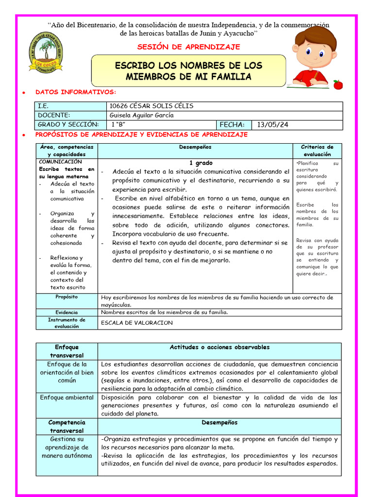 Escribo los nombres de mi familia | PDF | Aprendizaje | Evaluación
